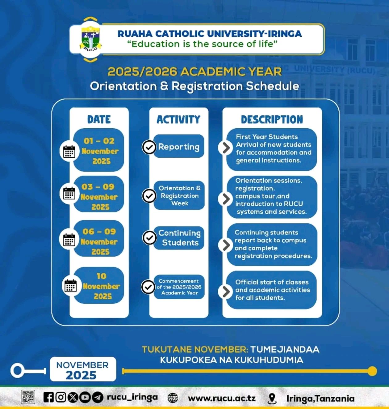 Ruaha Catholic University - Iringa (RUCU) Orientation & Registration ...